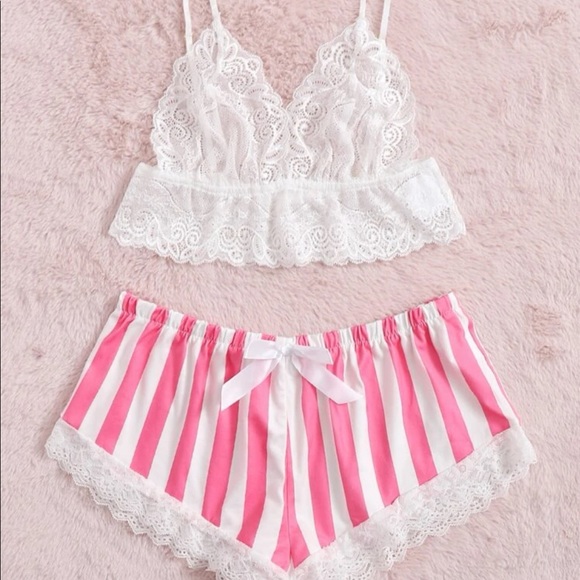 Intimates & Sleepwear | Pretty In Pink Satin Lace Pajama Set | Poshmark